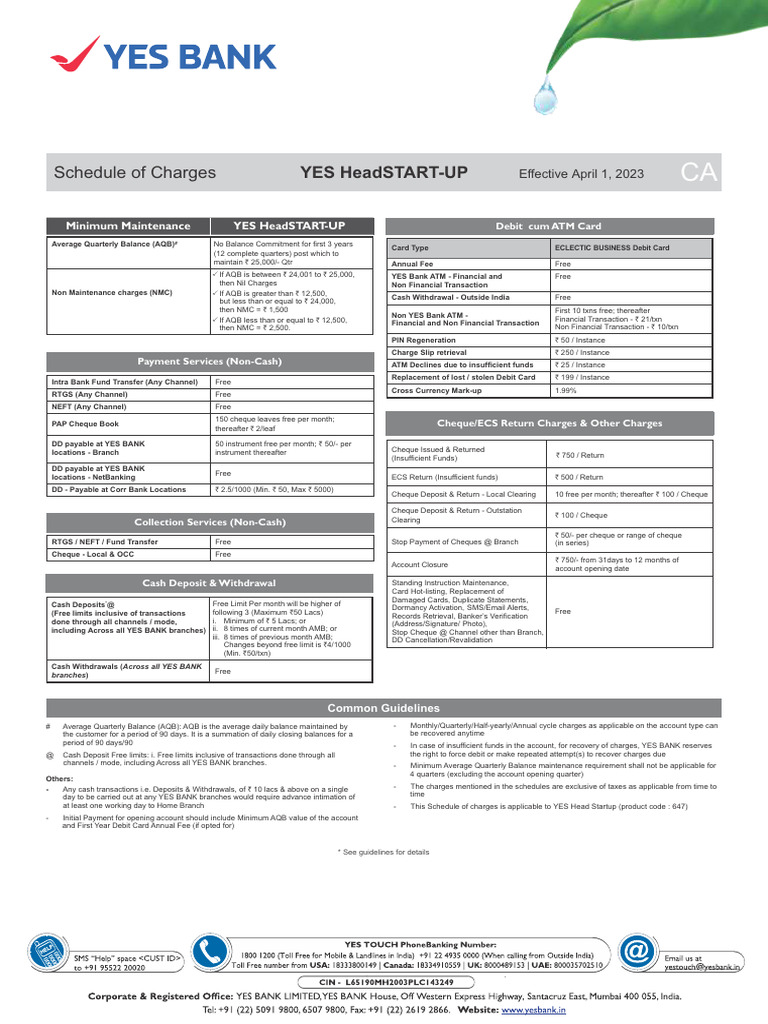 Schedule of Charges Yes Bank 5 | PDF | Cheque | Banks