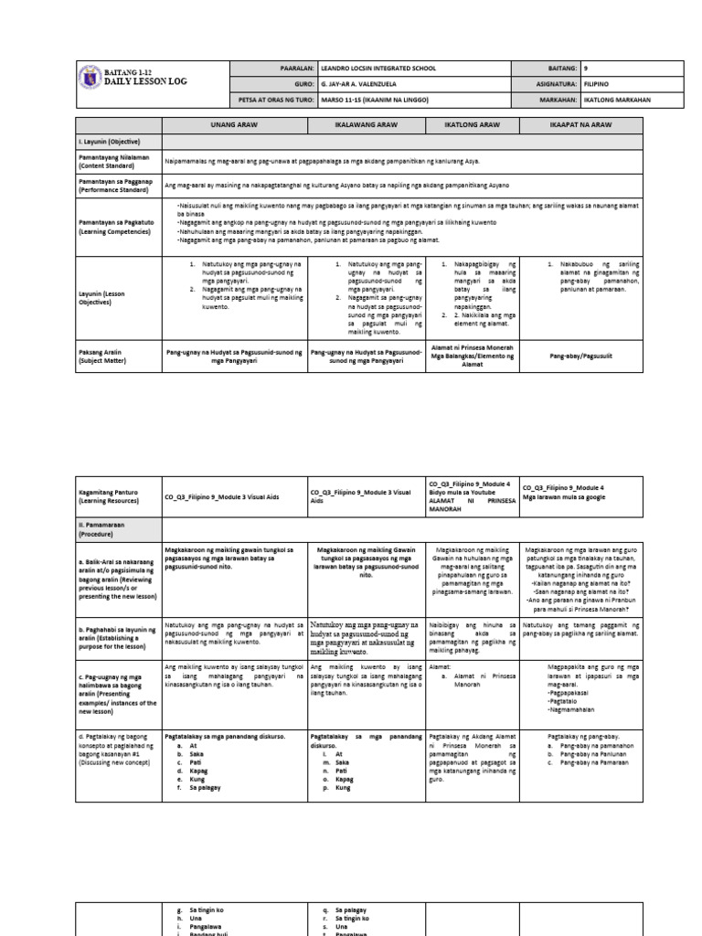 DLL-FILIPINO-9 WEEK 4 | PDF