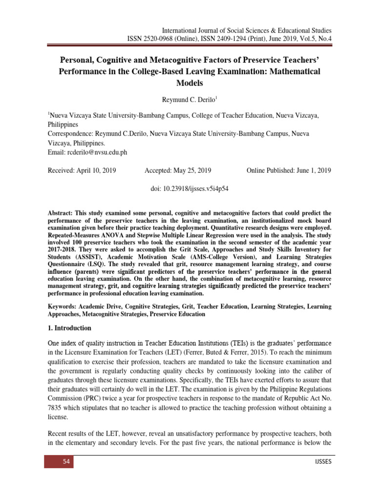 2019 Personal Cognitive And Metacognitive Factors Of Preservice Teachers Performance In The