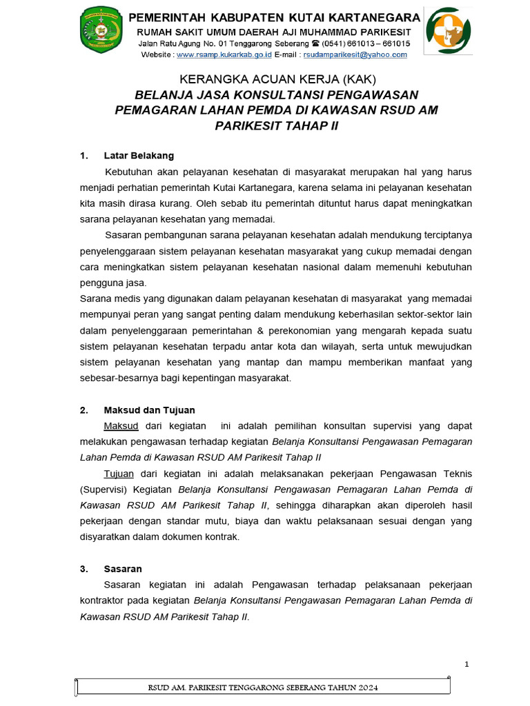 KAK PWS Pemagaran Lahan RS Tahap II | PDF
