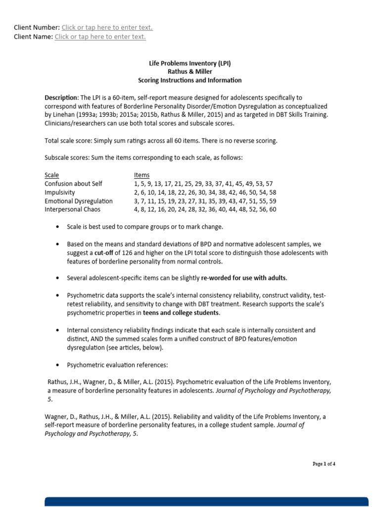 Life Problems Inventory | PDF | Borderline Personality Disorder ...