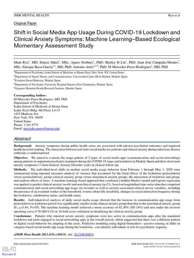 MachineLearning COVID SocialMediaUse | PDF | Mental Disorder | Anxiety Disorder