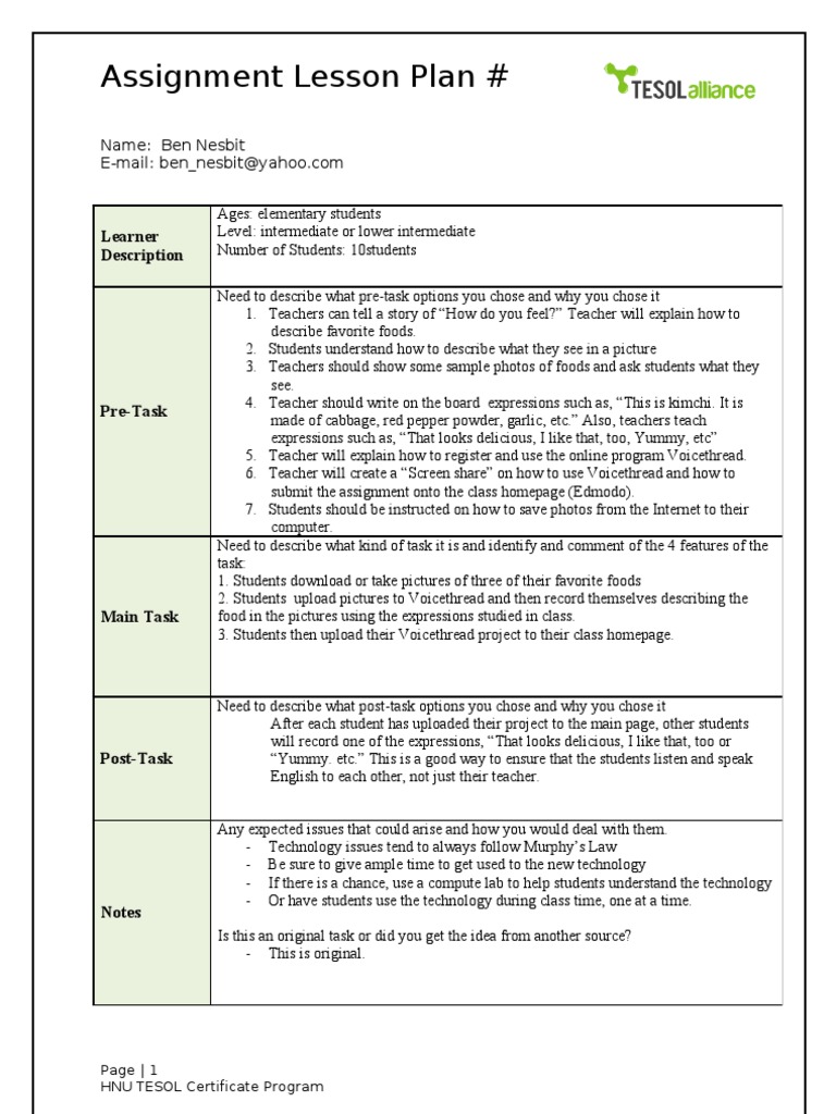 TESOL Training Voice Thread Lesson Plan | PDF | Career & Growth ...