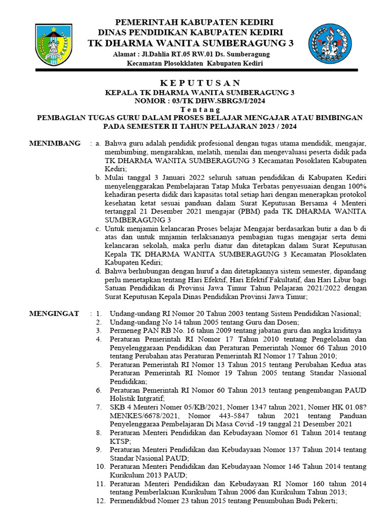 Pembagian Tugas Guru TK 2023/2024 | PDF