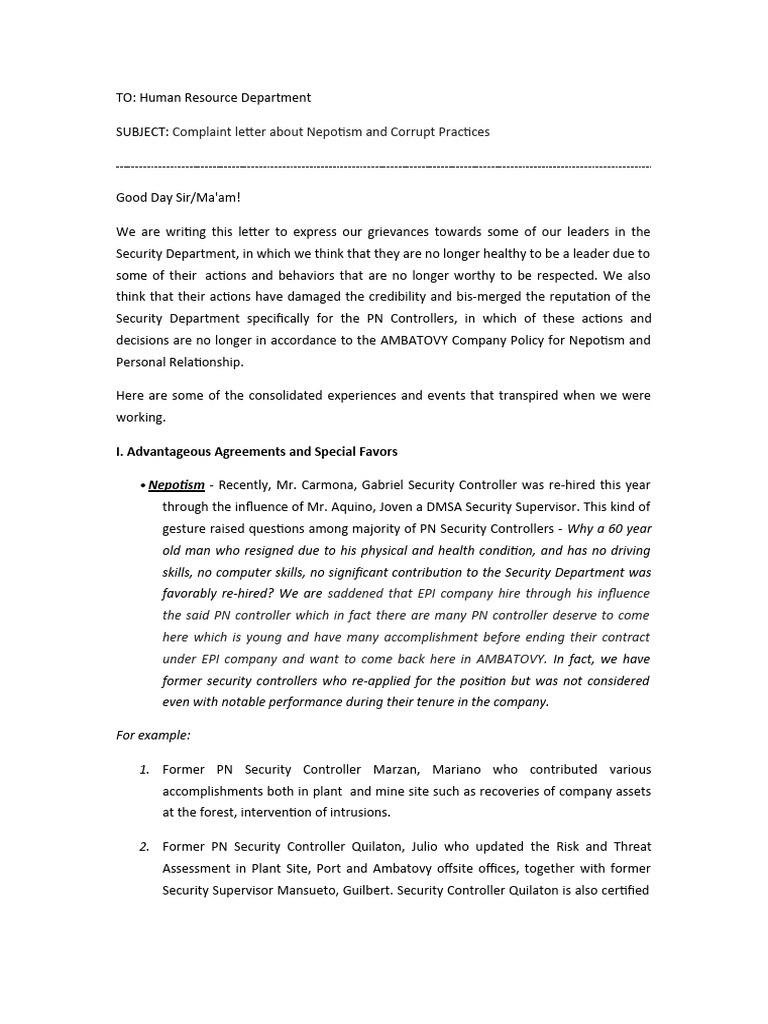 Nepotism and Corruption Complaint Letter | PDF | Finance & Money Management