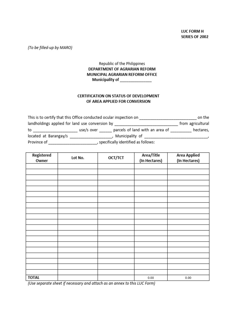 DAR - LUC FORM H - Certification On Status of Application (As of ...