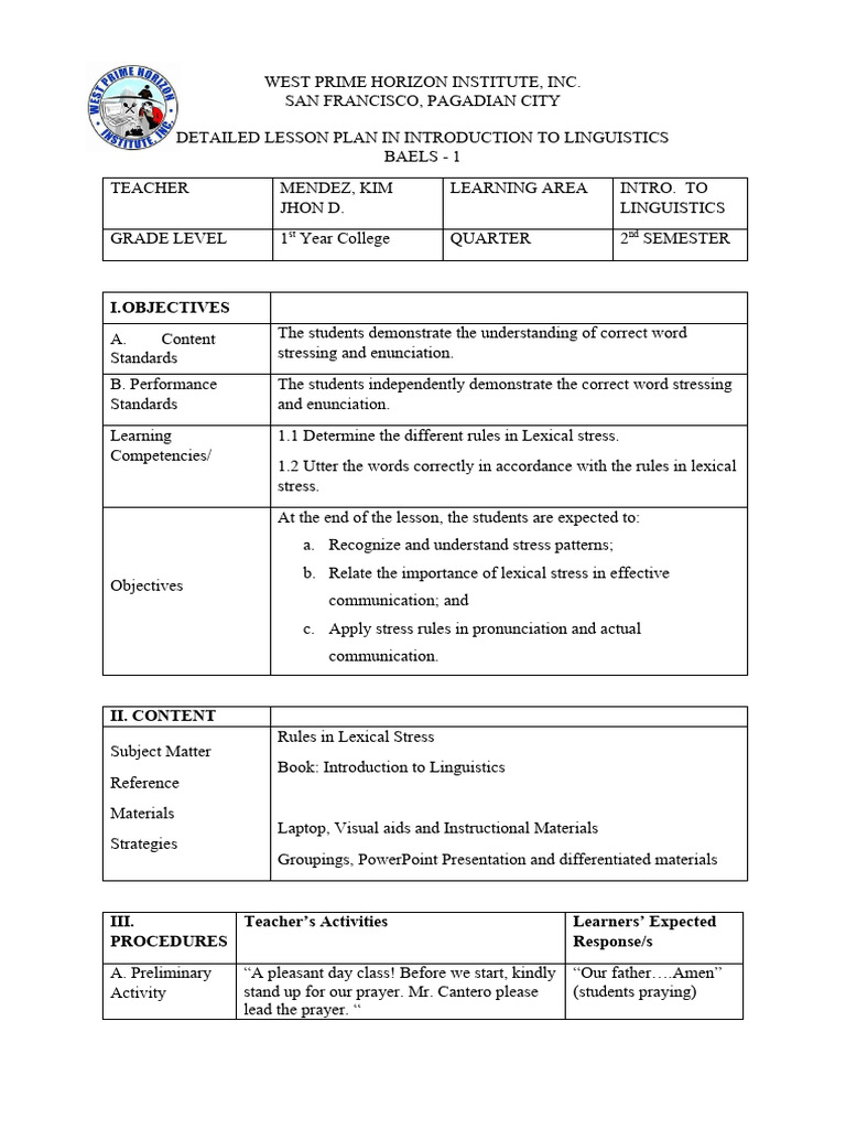 lesson plan | PDF | Stress (Linguistics) | Word
