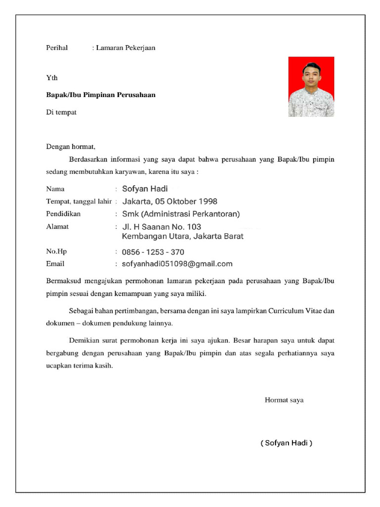 Surat Lamaran Kerja - Sofyan Hadi | PDF