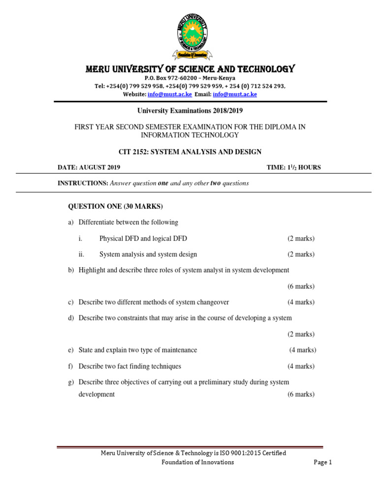 CIT 212 System Analysis Exam Paper | PDF | Information Science | Business