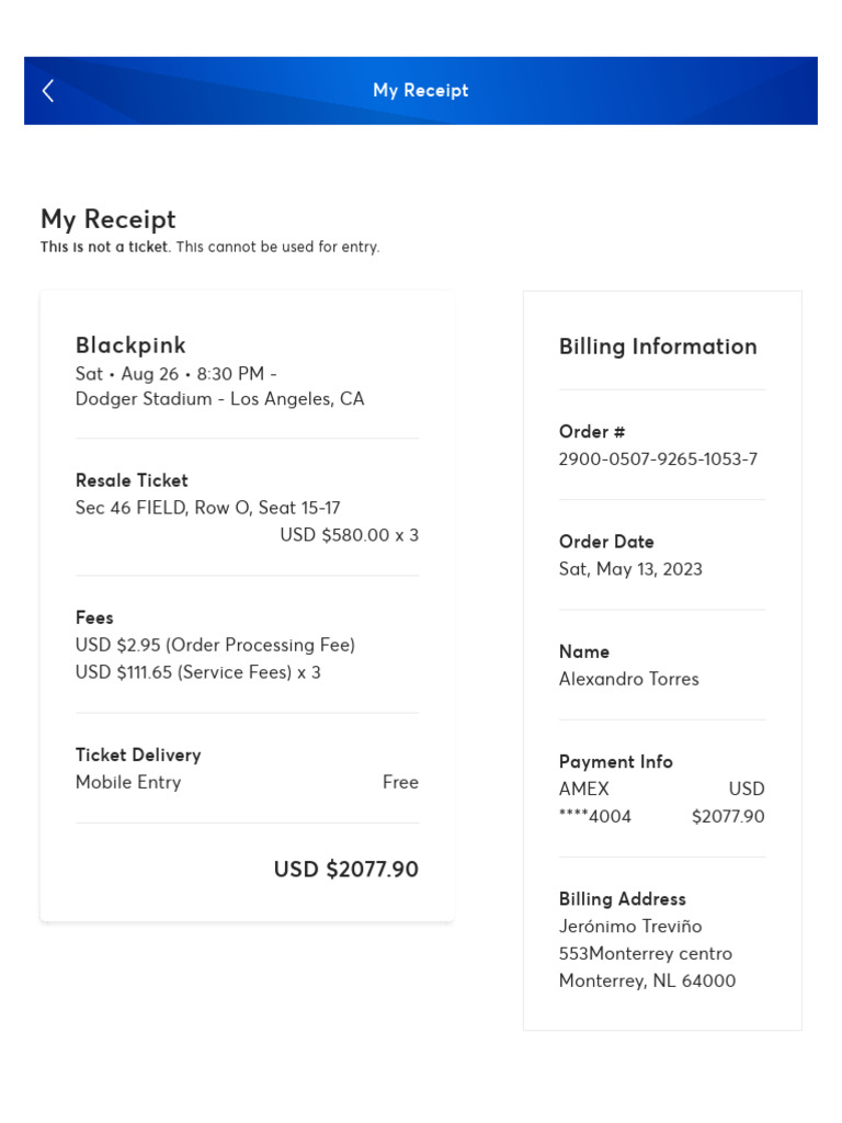 Https:/my Ticketmaster com/order/Z7IVgZxvZ15tZZf60Jf8fM/receipt | PDF