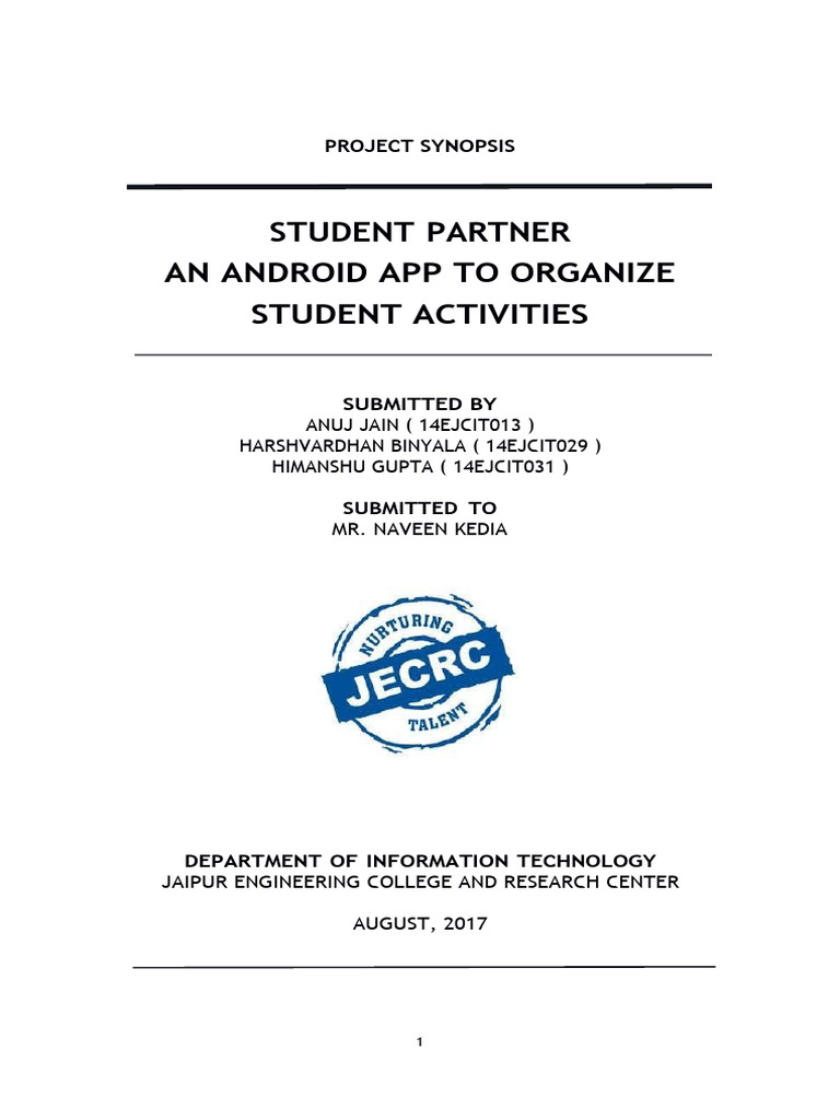 Project Synopsis - 240313 - 140306 | PDF | Android (Operating System) | Mobile App