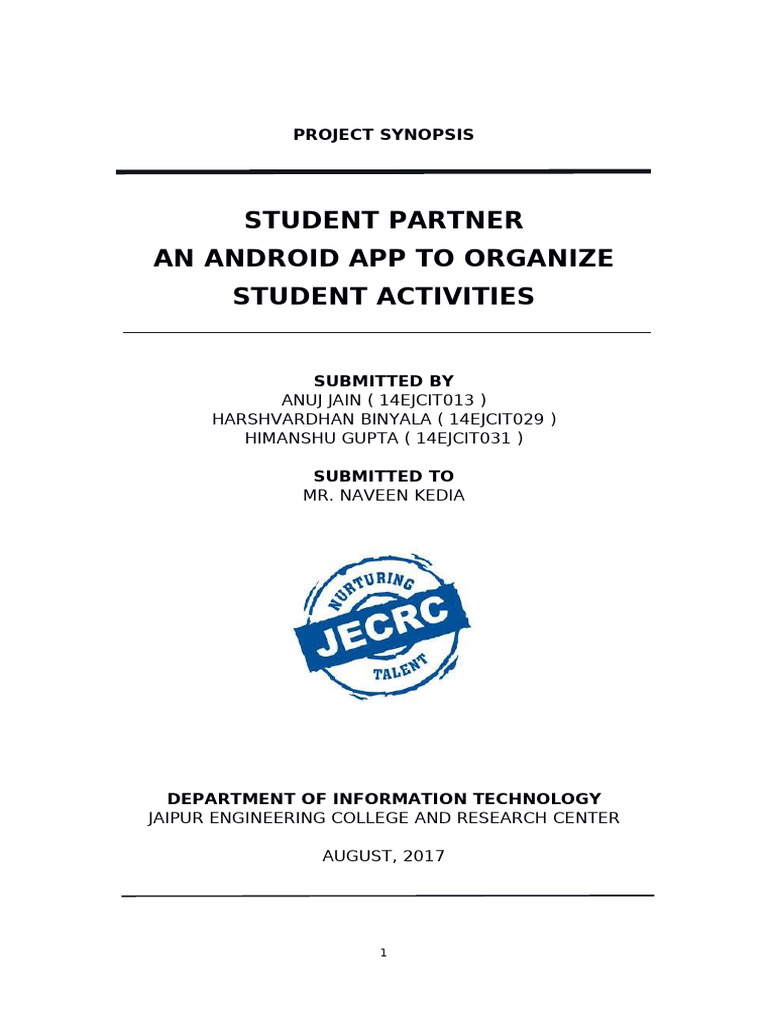 Project Synopsis_240313_140306 | PDF | Android (Operating System) | Mobile App