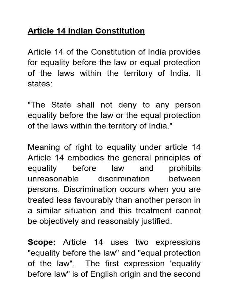 Article 14 Indian Constitution Pdf Equal Protection Clause