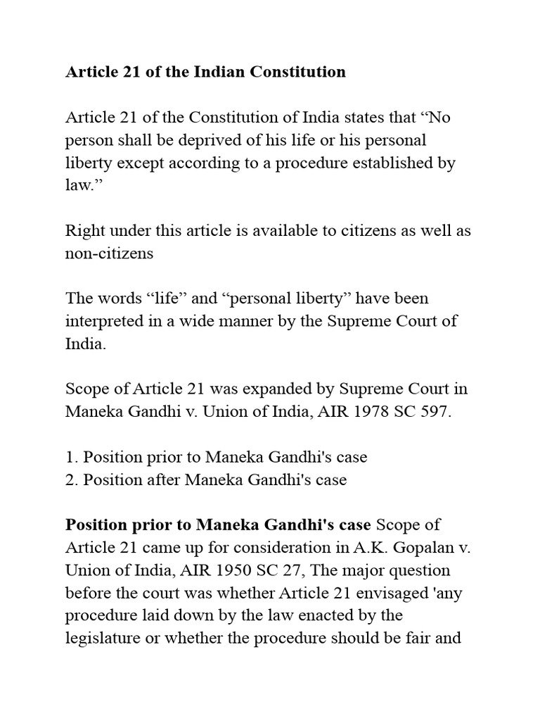Understanding Article 21 of the Indian Constitution | PDF | Due Process ...