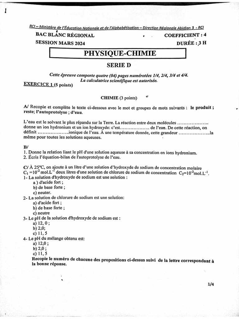 Bac Blanc Regional PC 2023-2024 | PDF