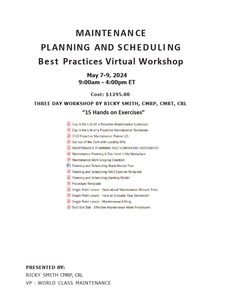 Maintenance Planning and Scheduling Virtual Workshop | PDF | Reliability Engineering | Business