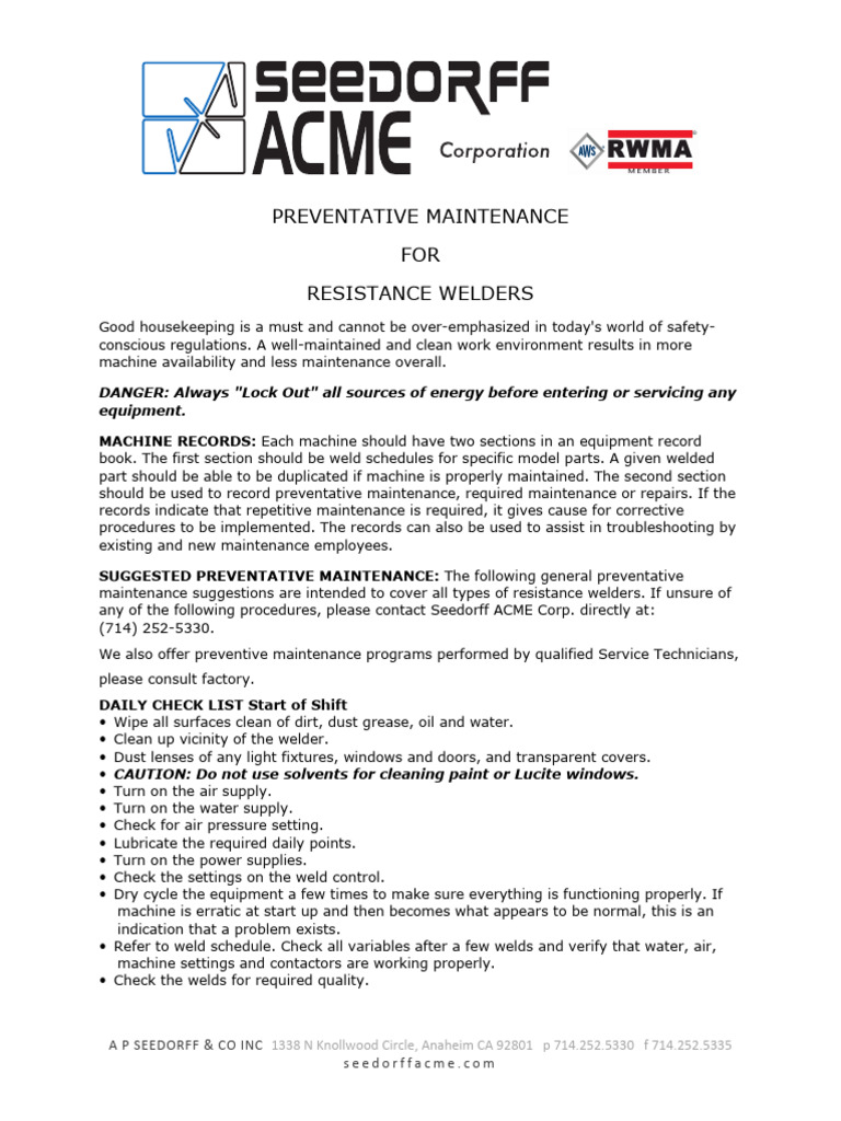 Seedorff AMCE Preventative Maintenance For Resistance Welders | PDF ...
