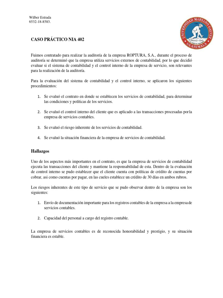 Caso Practico Nia 402 | PDF | Auditoría | Contabilidad