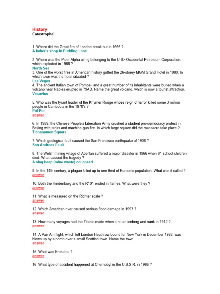Historical Catastrophe Questions | PDF | Disasters