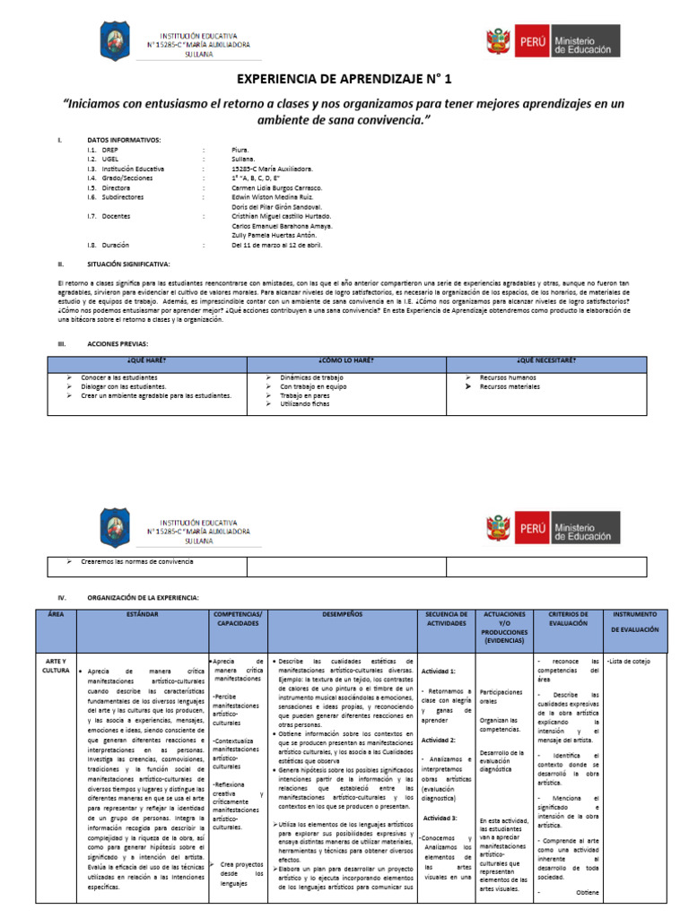 EXPERIENCIA DE APRENDIZAJE N°1 - Arte | Descargar gratis PDF | Evaluación | Aprendizaje