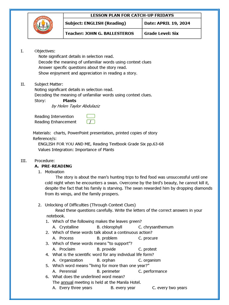 APRIL 19 - English Reading - Lesson Plan For Catch Up Fridays | PDF | Plants | Leaf
