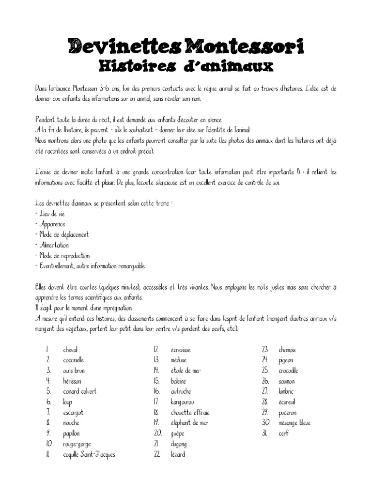 Devinettes Montessori Histoires Danimaux | PDF | Oiseaux | Insectes