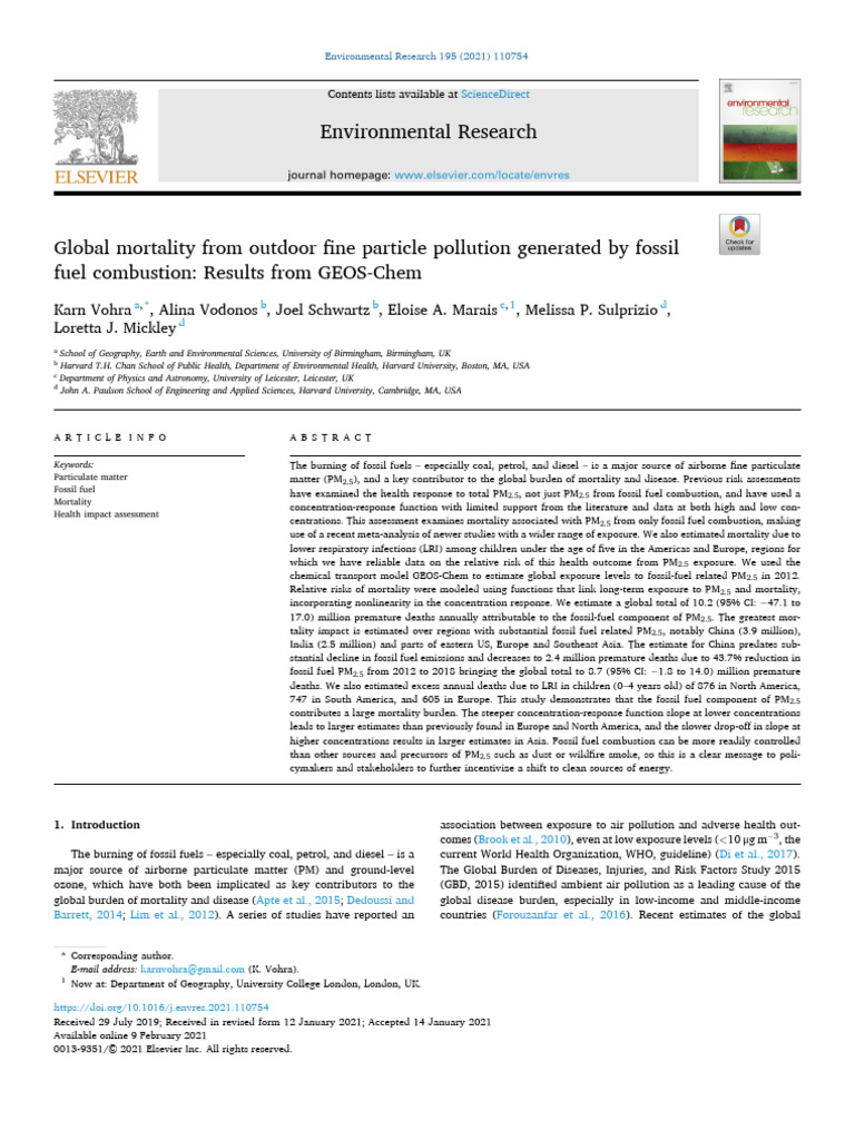 Global Mortality From Outdoor Fine Particle by Fossil | PDF ...