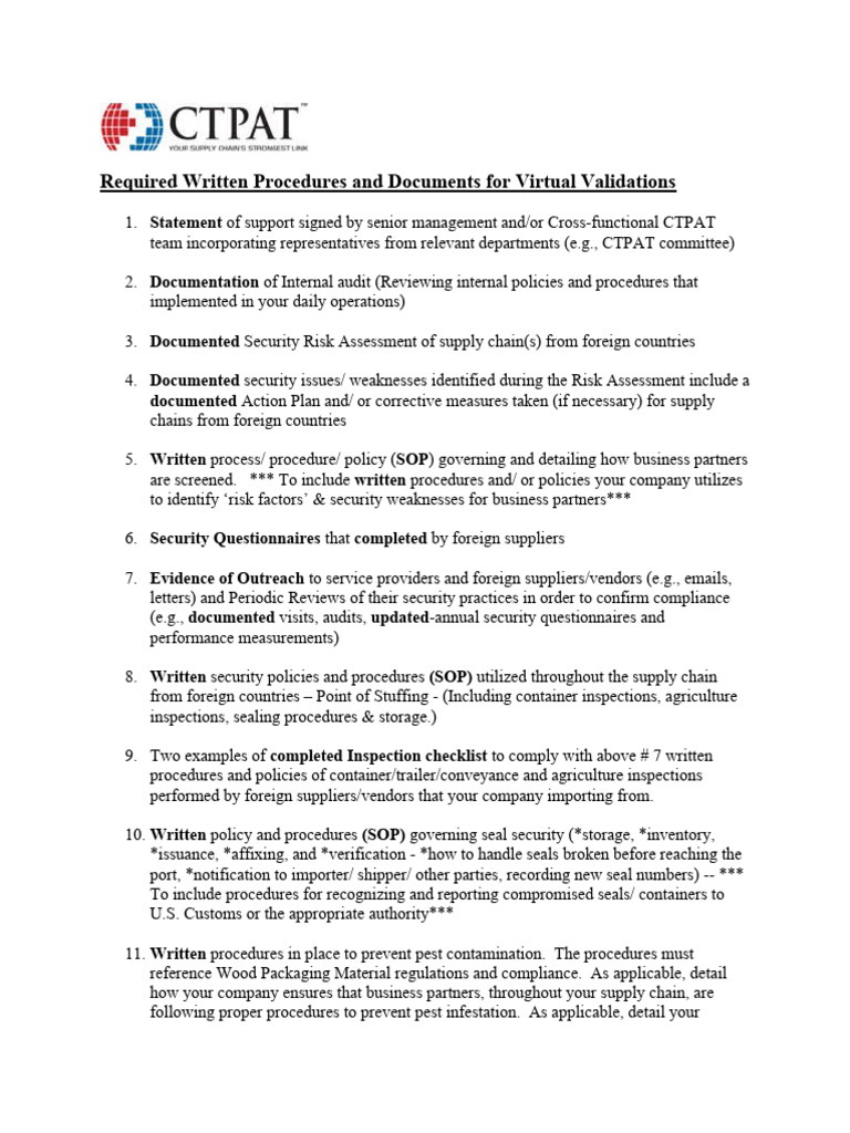 Required Written Procedures and Documents For Virtual Validation - Importer | PDF | Supply Chain ...