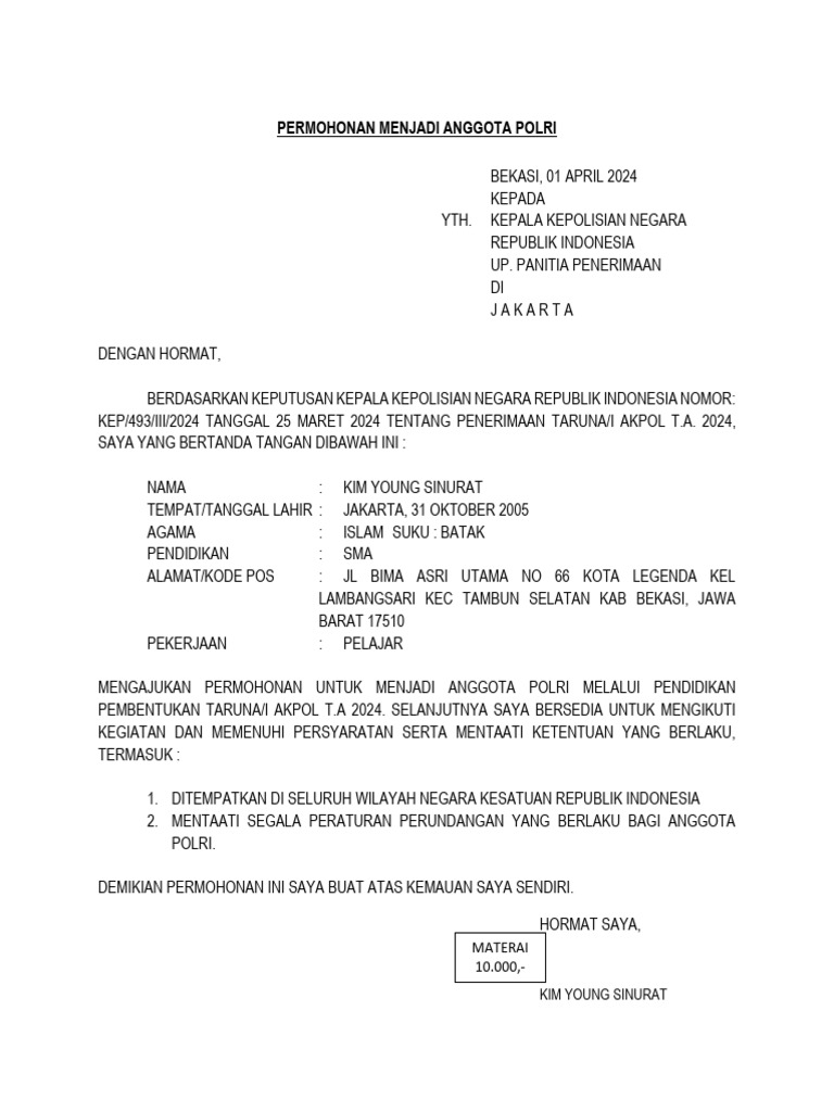 Permohonan Menjadi Anggota Polri-Kim | PDF