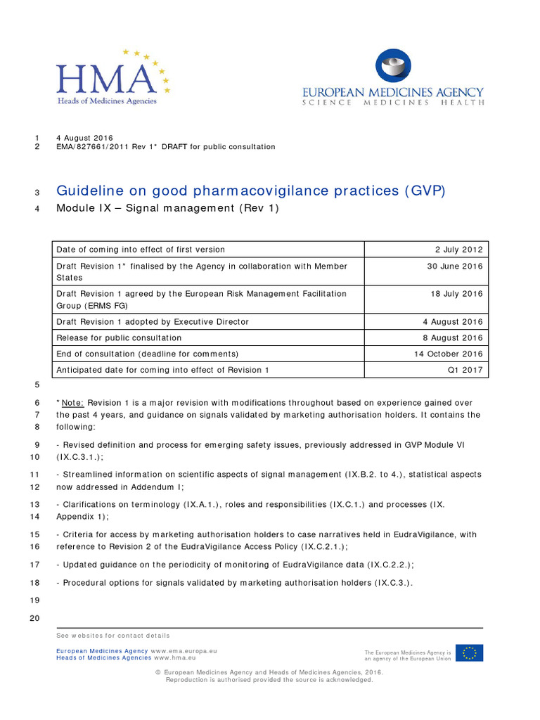 Draft Guideline Good Pharmacovigilance Practices GVP Module Ix Signal ...