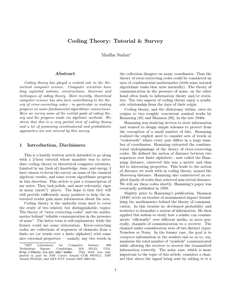 Coding Theory: Tutorial & Survey: Madhu Sudan | PDF | Code | Information