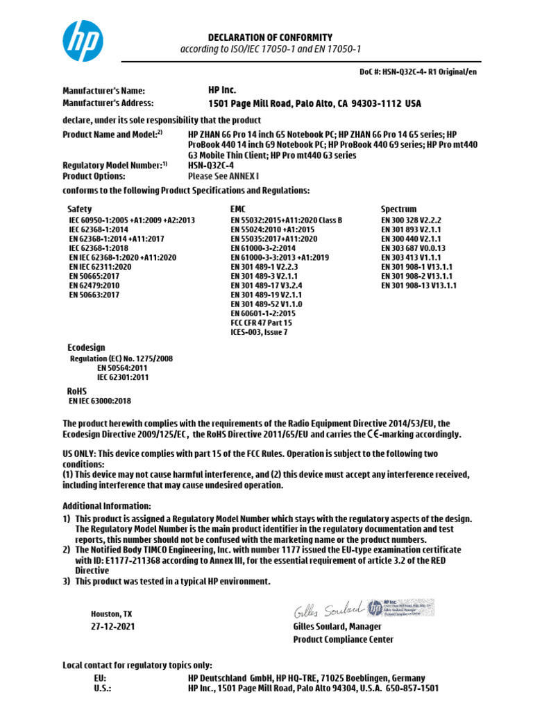 HP ProBook 440 G9 Laptop CE FCC Certificate | PDF | Regulation ...