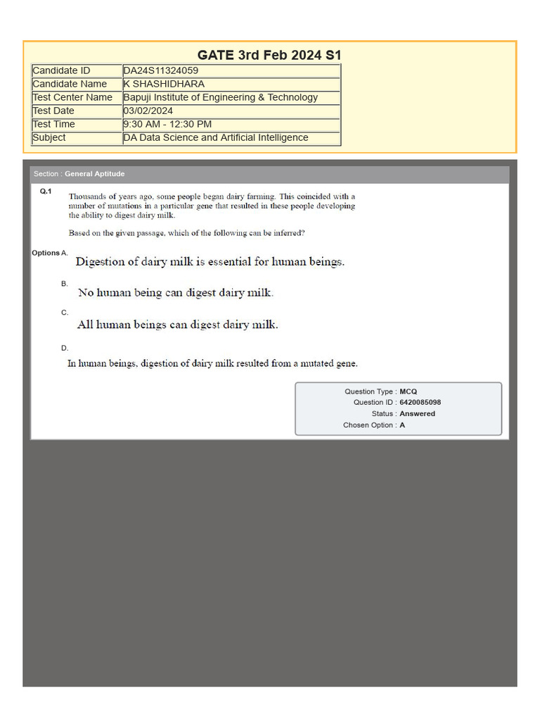 GATE 2024 Data Science Exam Answers | PDF | Multiple Choice | Observation