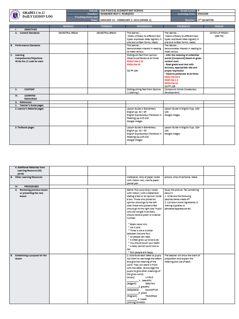 DLL - English 5 - Q3 - W1 | PDF | Learning | Differentiated Instruction