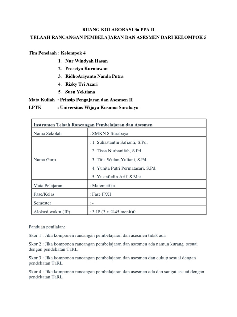 3a-Ruang Kolaborasi-Telaah Rancangan Pembelajaran Dan Asesmen Dari Kelompok 5 (Tim Penelaah Kel ...