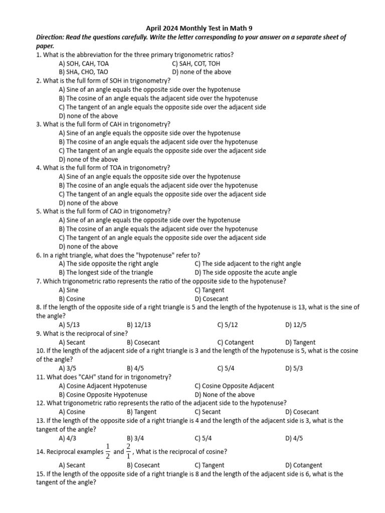 Math 9 Test On Right Trigonometry 4thquarter | PDF | Trigonometric ...