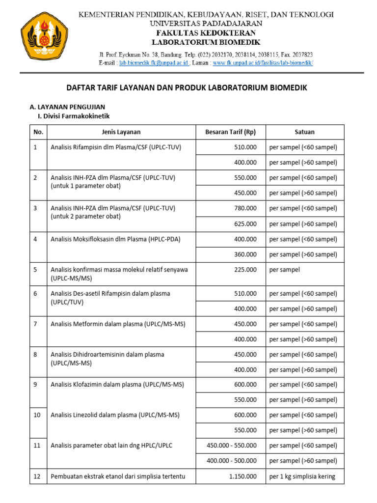 2023 - Daftar Tarif Layanan Lab Biomedik FK Unpad - FIX | PDF