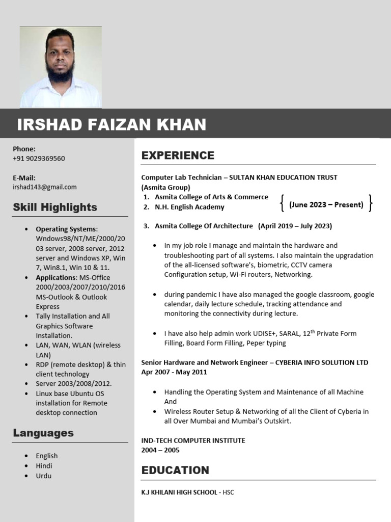 Irshad Khan (CV). | PDF | Operating System | Wireless Lan