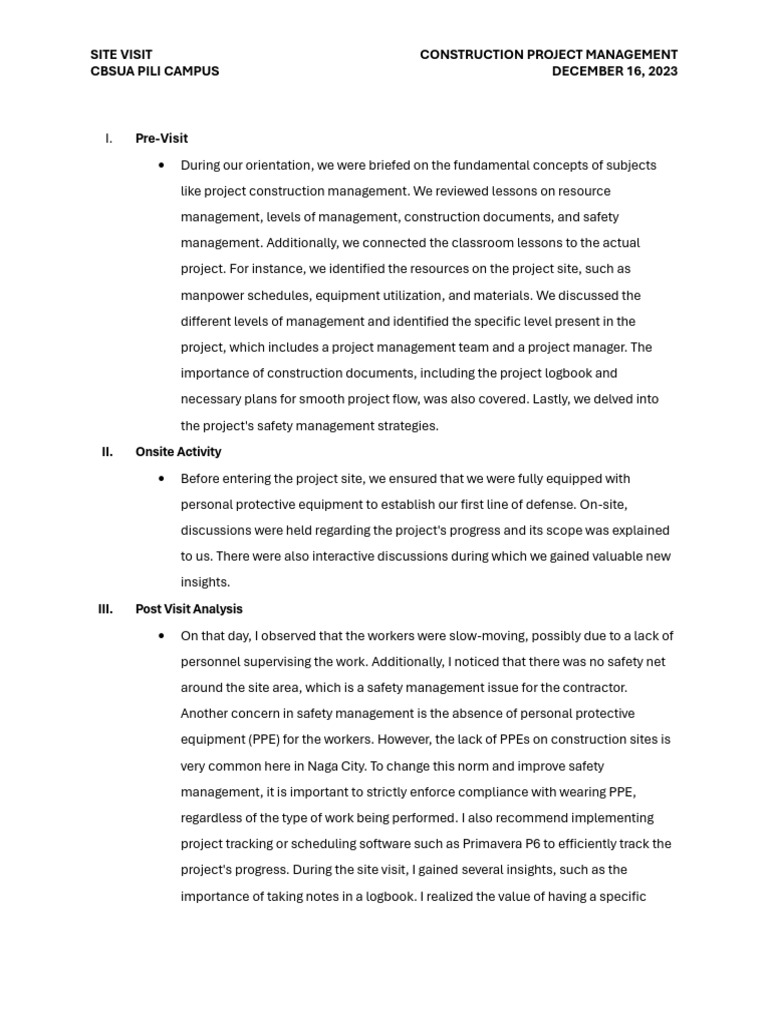 SiteVisit CBSUA | PDF | Project Management | Personal Protective Equipment