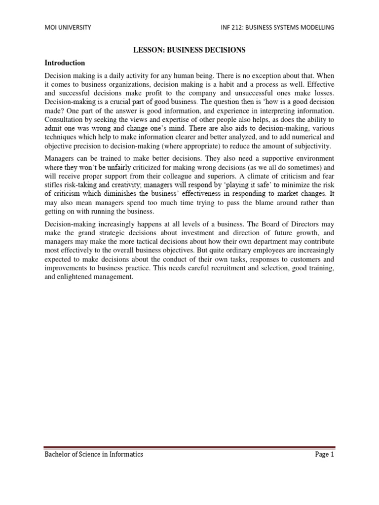Lesson - Business Decision Making | PDF | Decision Making | Risk