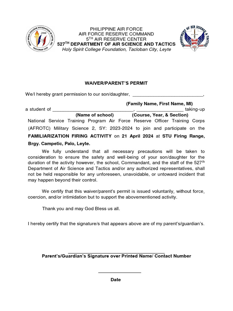 Parents Permit For Familiarization Firing | PDF