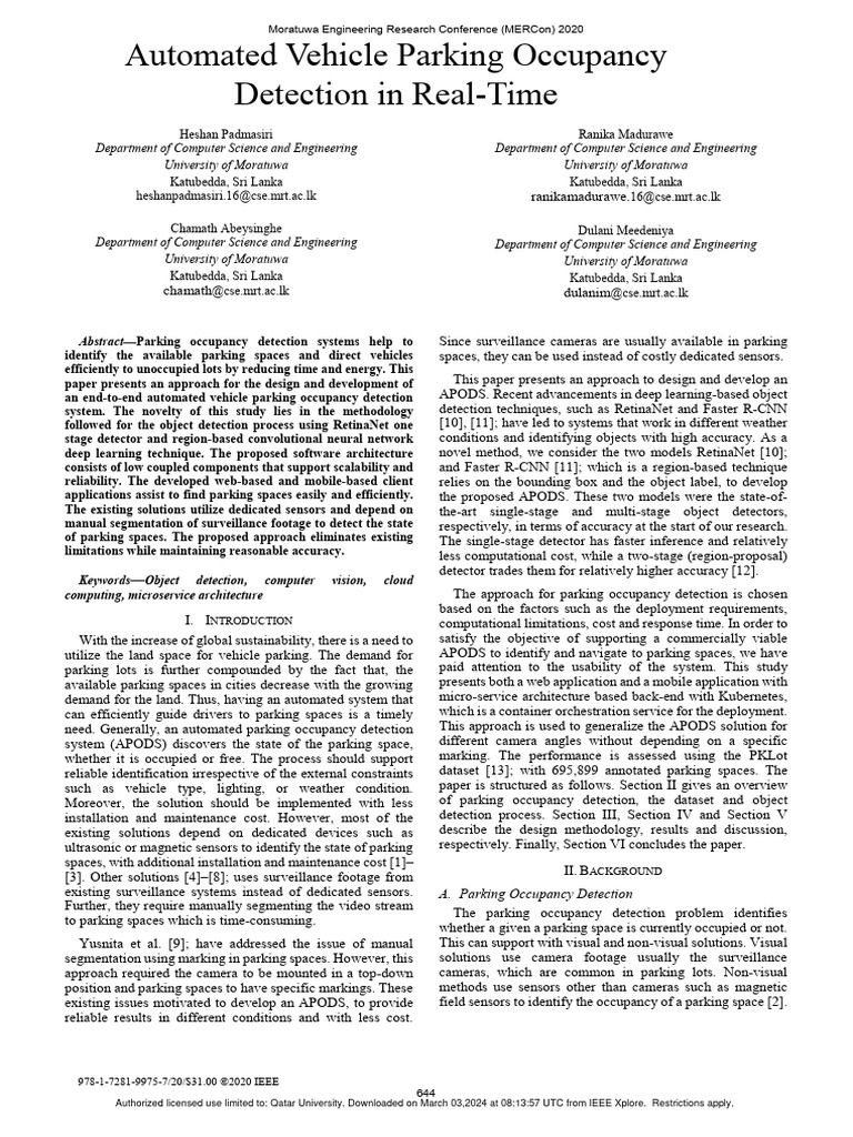 Automated Vehicle Parking Occupancy Detection In Real Time Pdf