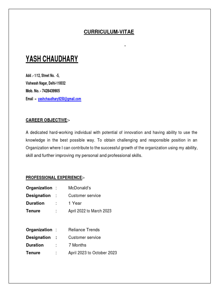 Yash Chaudhary CV | PDF | Career & Growth