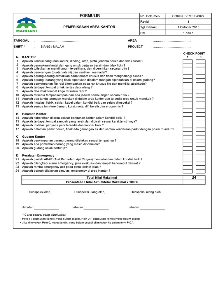 Formulir Inspeksi Area Kantor | PDF