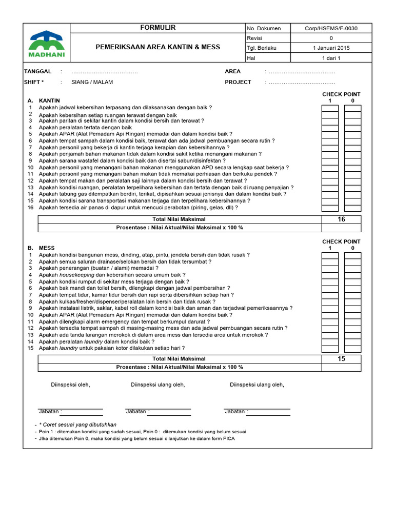 Formulir Pemeriksaan Area Kantin & Mess | PDF