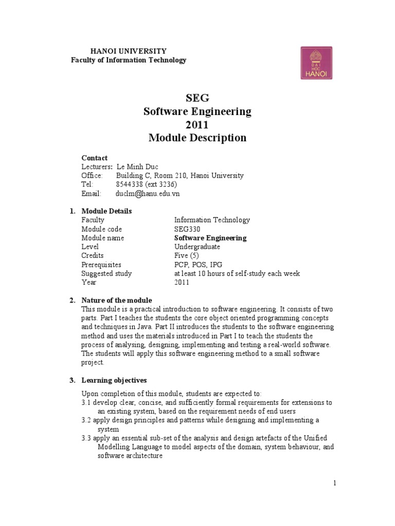 SEG Software Engineering 2011 Module Description: Hanoi University Faculty of Information ...