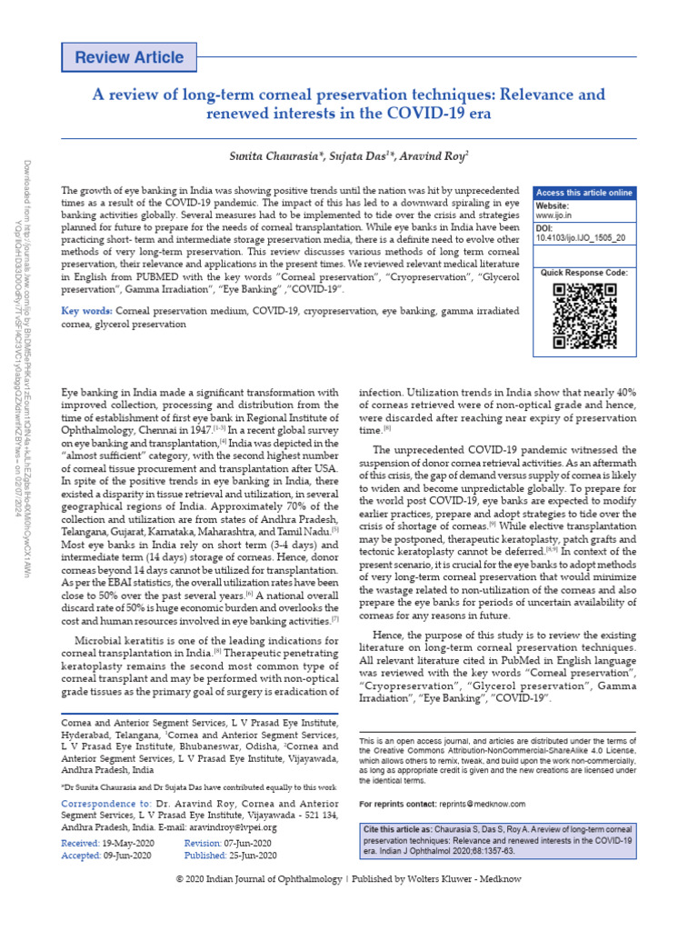 Long-Term Corneal Preservation Review | PDF | Cornea
