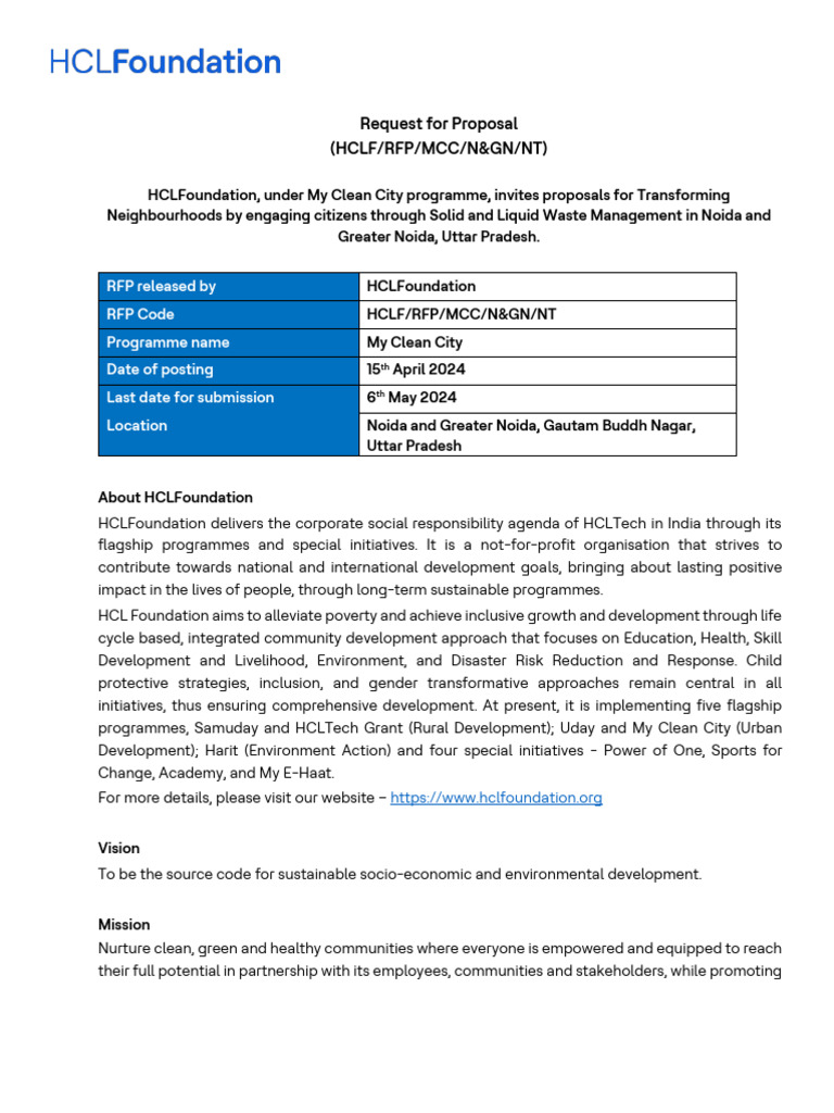 HCLFoundation My Clean City Programme | PDF | Waste Management | Taxes
