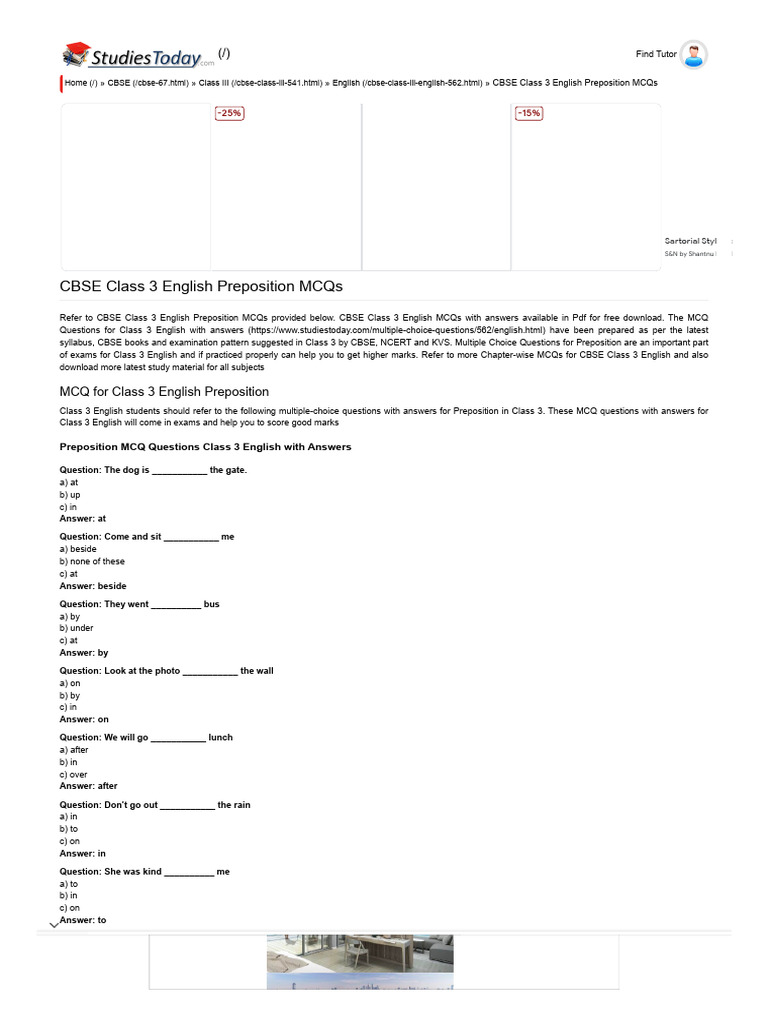 CBSE Class 3 English Preposition MCQS, Multiple Choice Questions | PDF ...