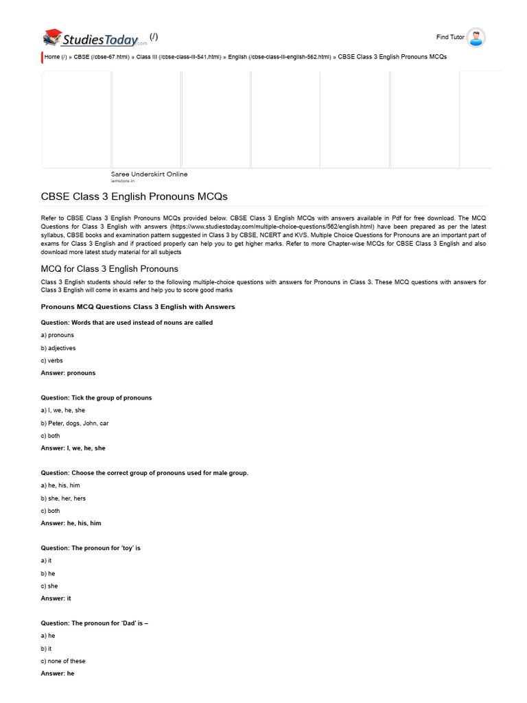 Class 3 English Pronouns MCQs Guide | PDF | Multiple Choice | English ...